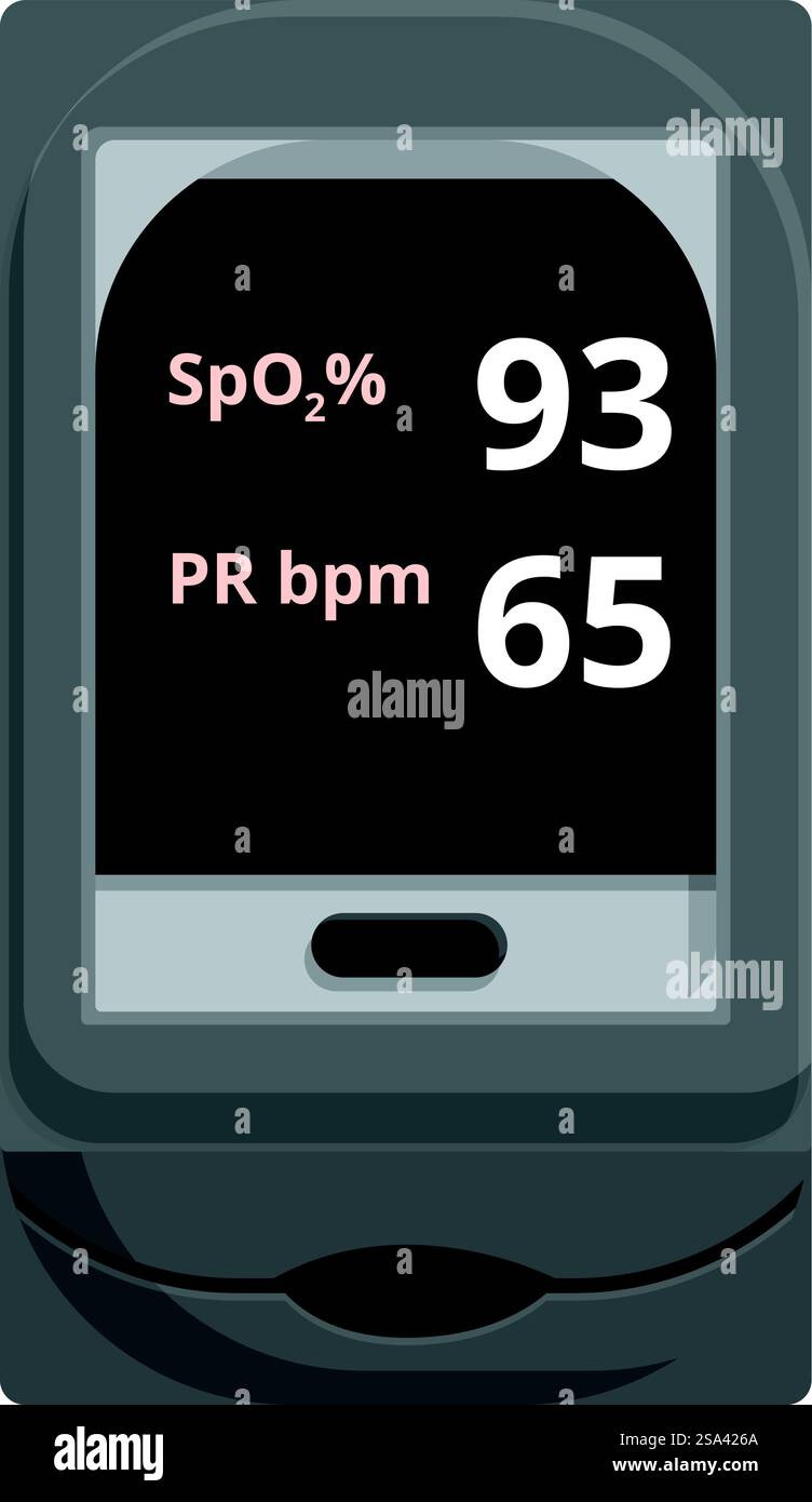 Illustration of a pulse oximeter displaying spo2 at 93 percent and pulse rate at 65 bpm. Digital ...