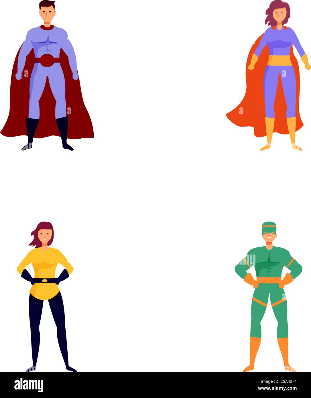 Illustration set showcasing a diverse team of superheroes in colorful ...