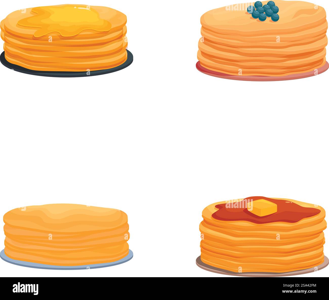 Colorful illustration set featuring various styles of pancake stacks with toppings. Assorted ...