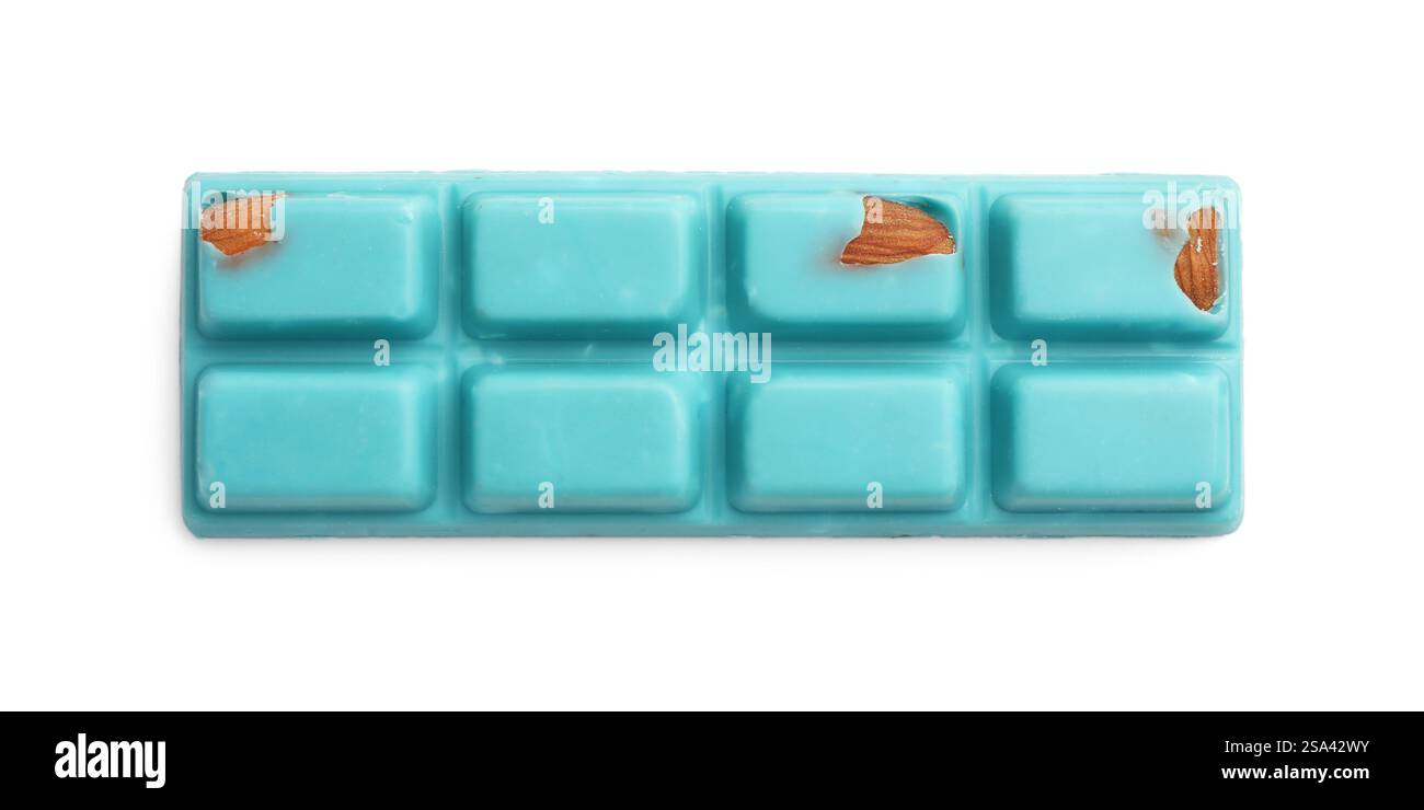 One bright chocolate bar with almonds isolated on white, top view Stock ...