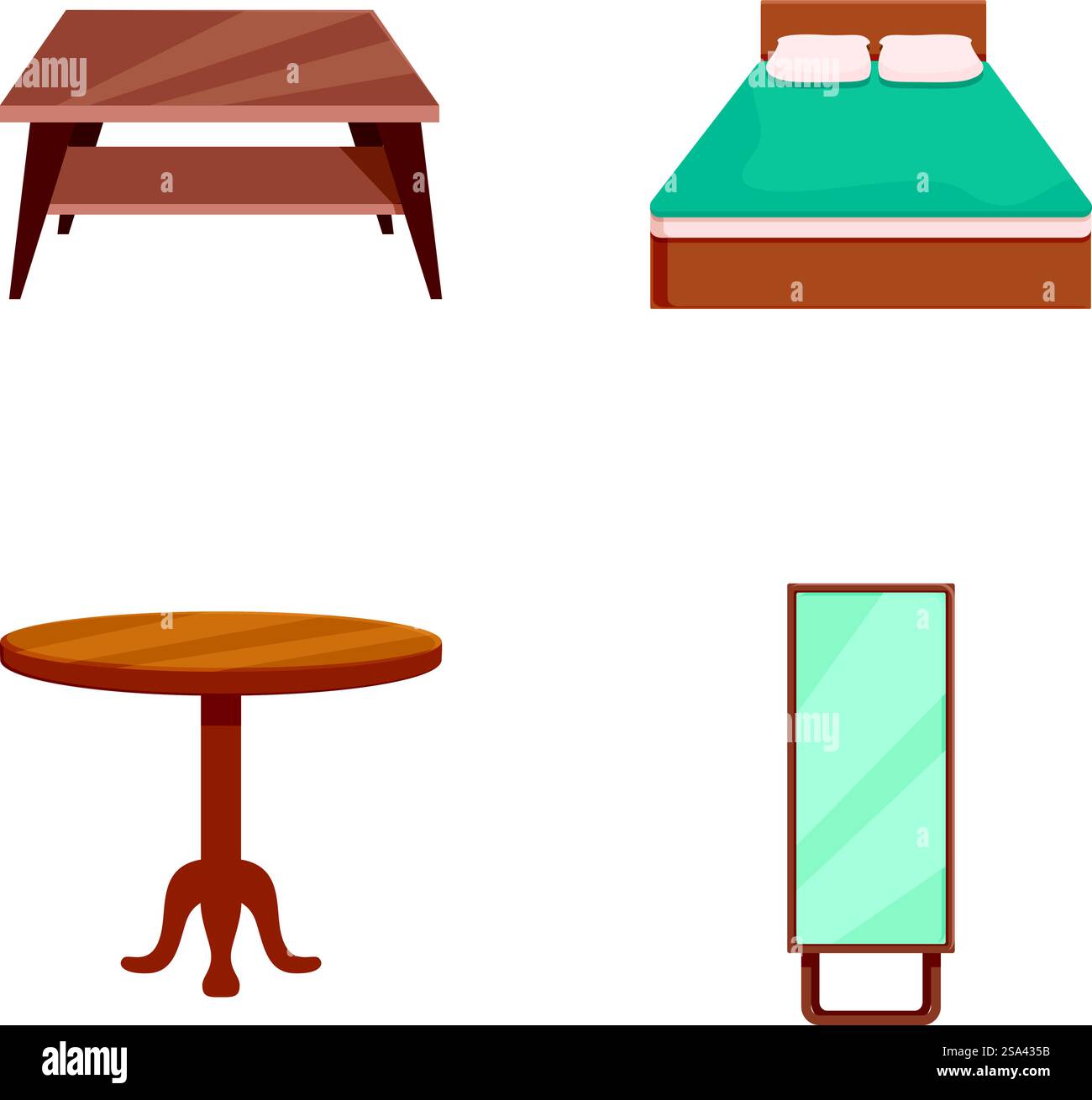 Flat design icons of a wooden coffee table, bed, round table, and a ...