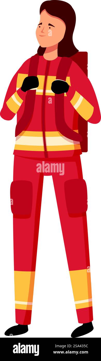 Vector illustration of a calm female firefighter in full gear holding ...