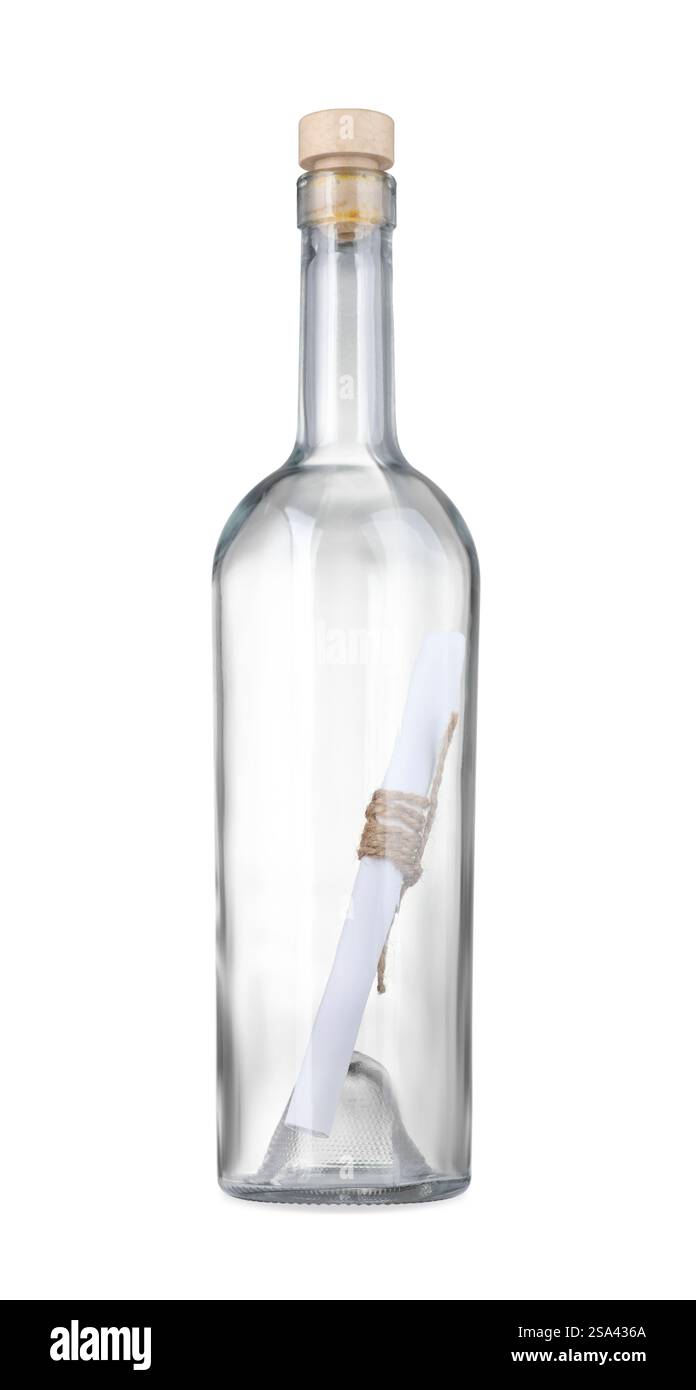 Corked glass bottle with rolled letter isolated on white Stock Photo ...