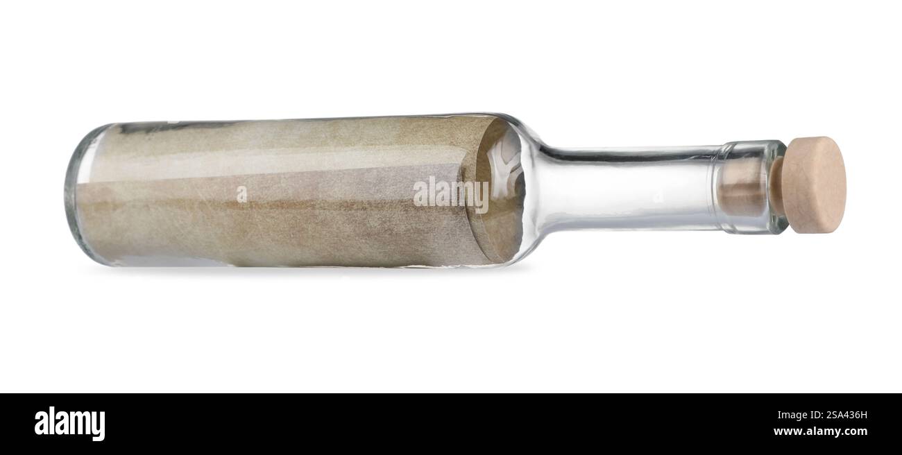 Corked glass bottle with rolled letter isolated on white Stock Photo ...