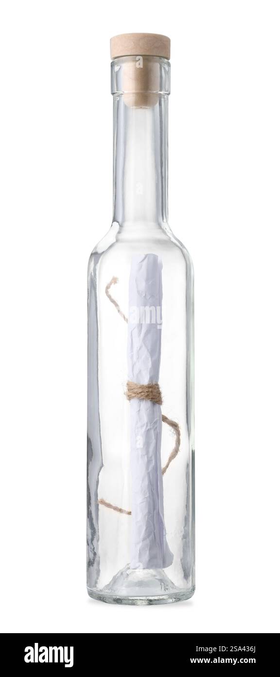 Corked glass bottle with rolled letter isolated on white Stock Photo ...