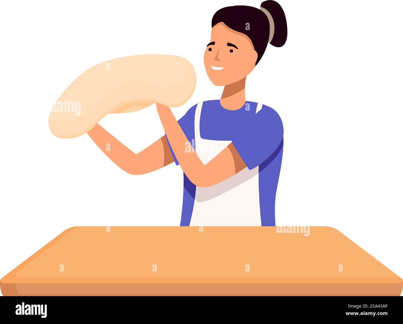 Happy female chef skillfully tossing raw pizza dough in a kitchen ...