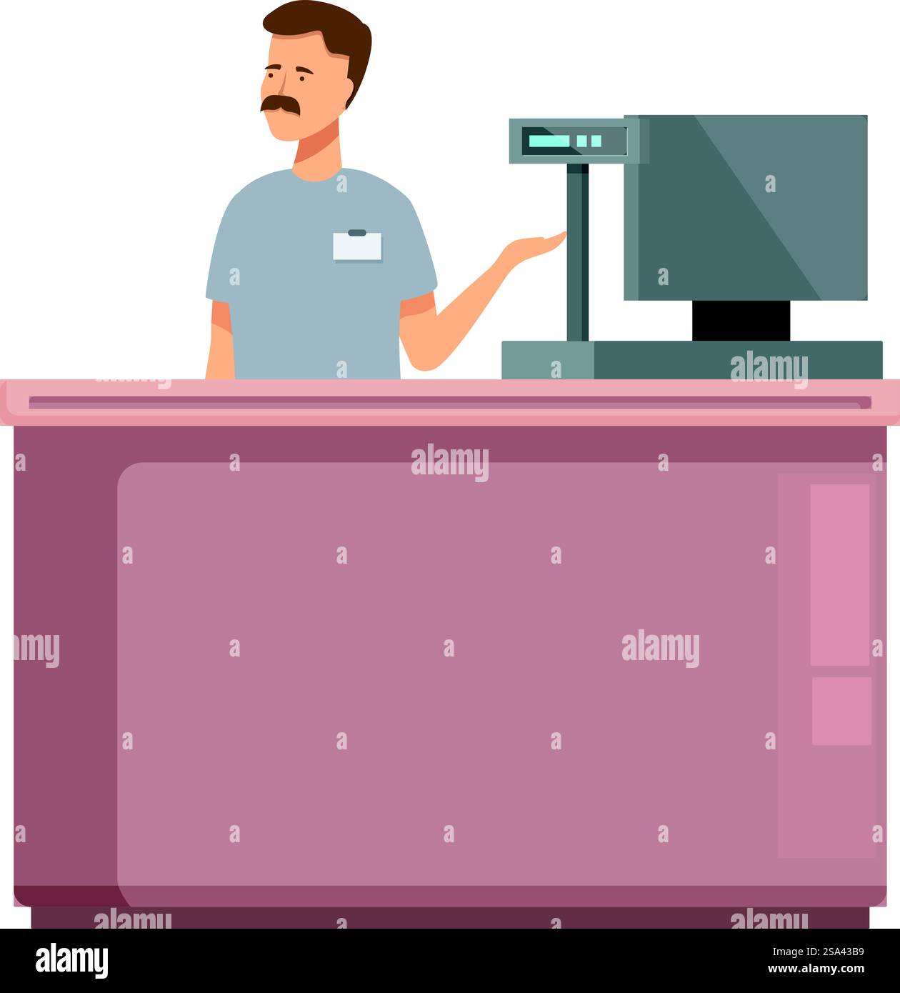 Vector illustration of a male cashier standing at a supermarket ...