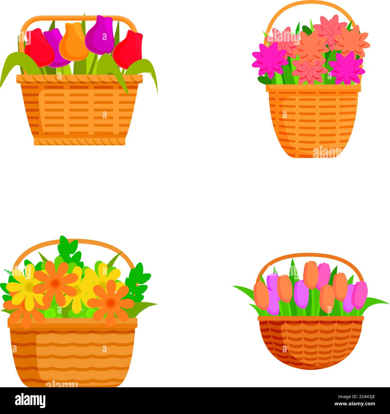 Collection of four bright and cheerful illustrated flower baskets ...