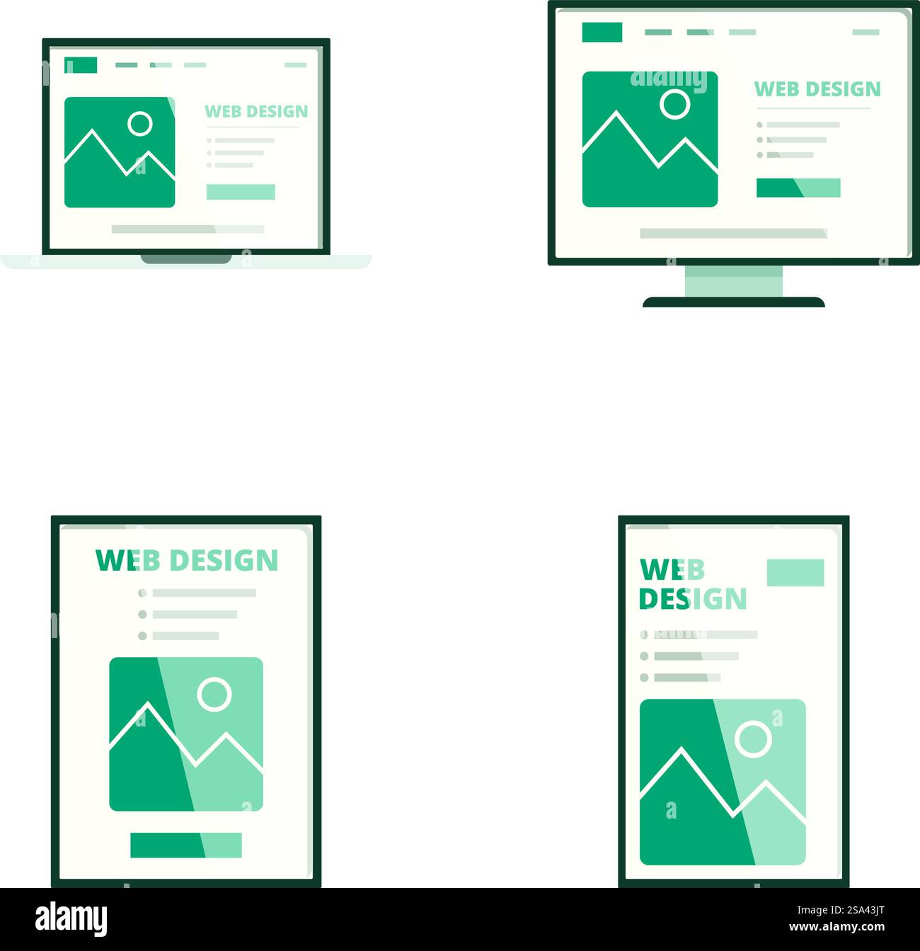 Set of flat design illustrations showing web design interface across desktop, laptop, tablet ...