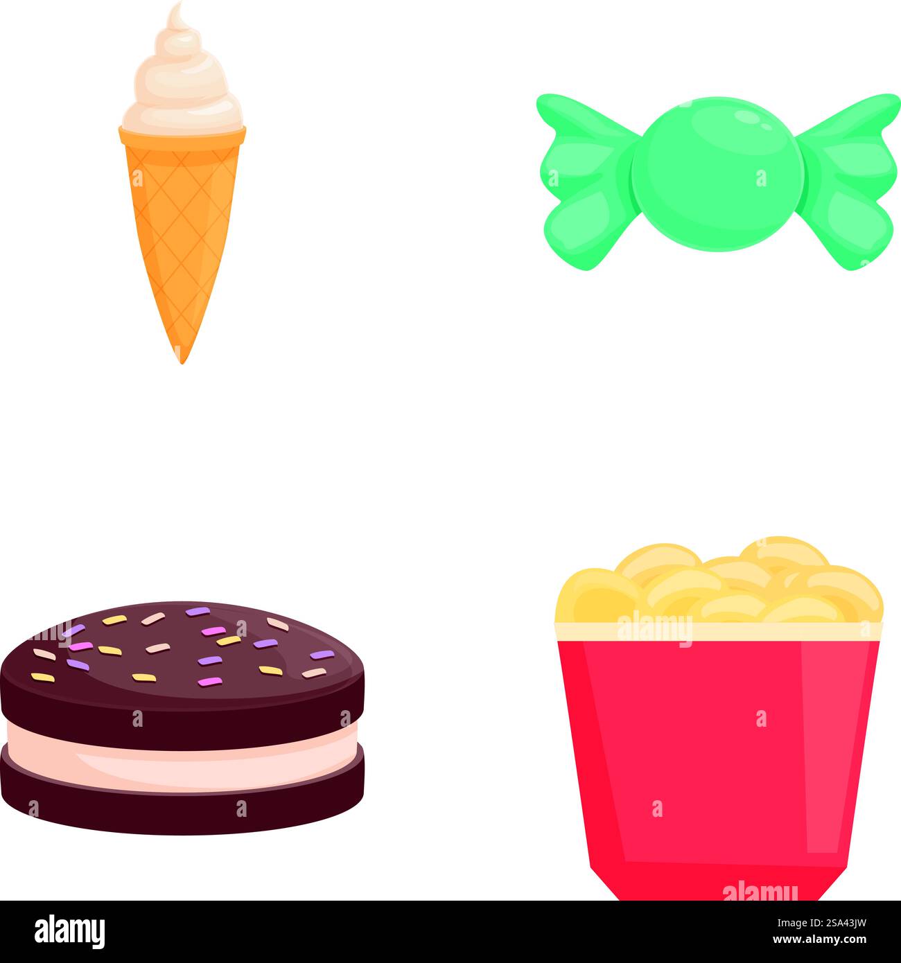 Collection of colorful flat icons depicting various snacks and sweets. Assorted snack and ...