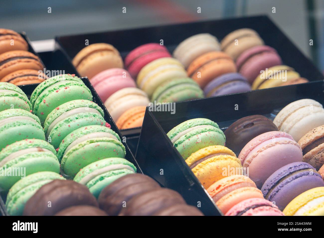 Colorful French macarons displayed in a delightful bakery showcase ...