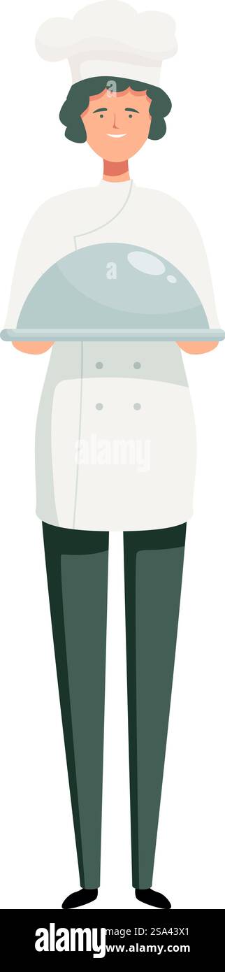 Illustration of a confident chef in uniform, holding a covered serving ...