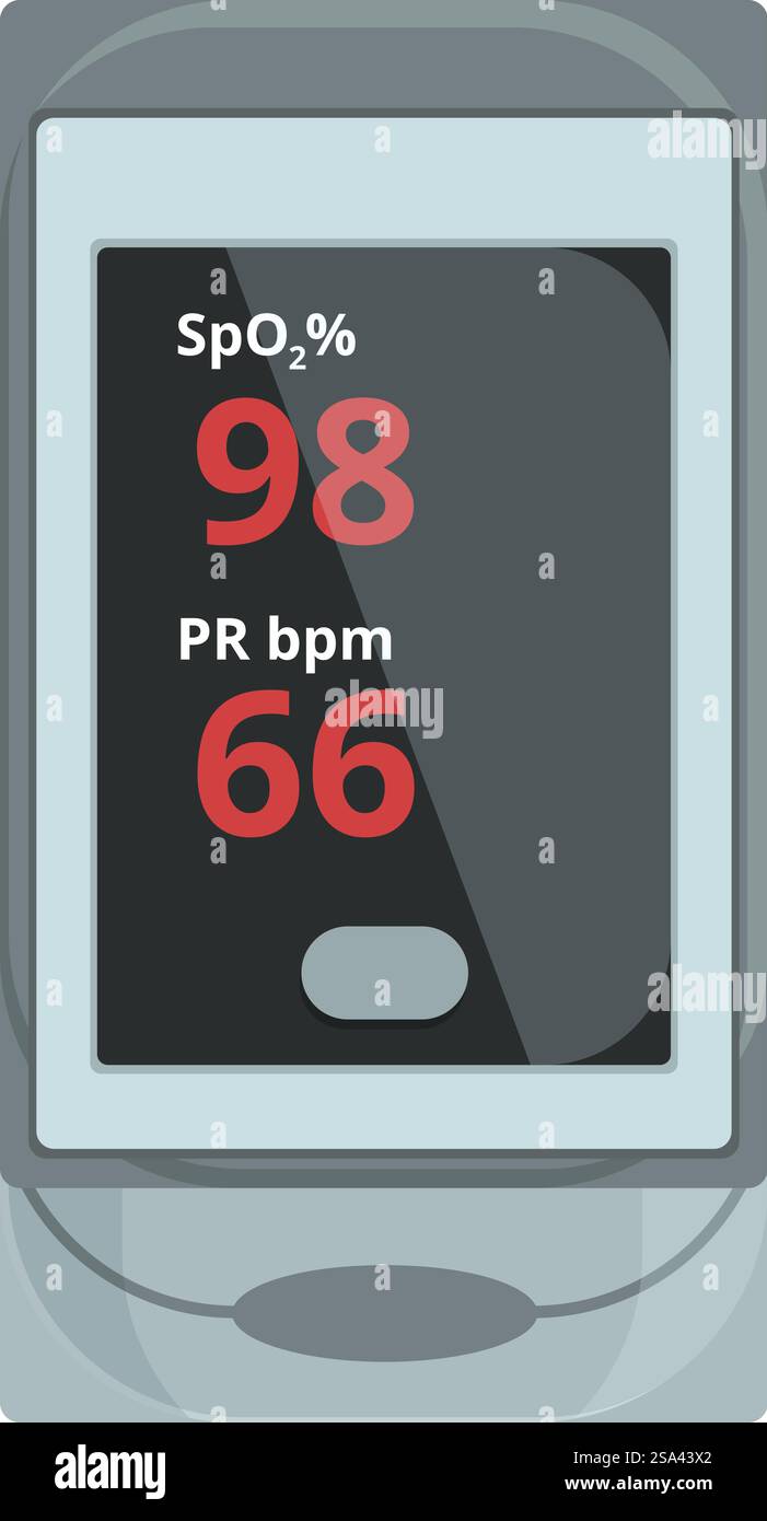 Closeup view of a pulse oximeter device displaying healthy blood oxygen ...