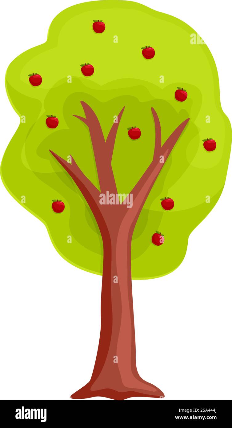 Colorful illustration of a lush apple tree with ripe red apples ...