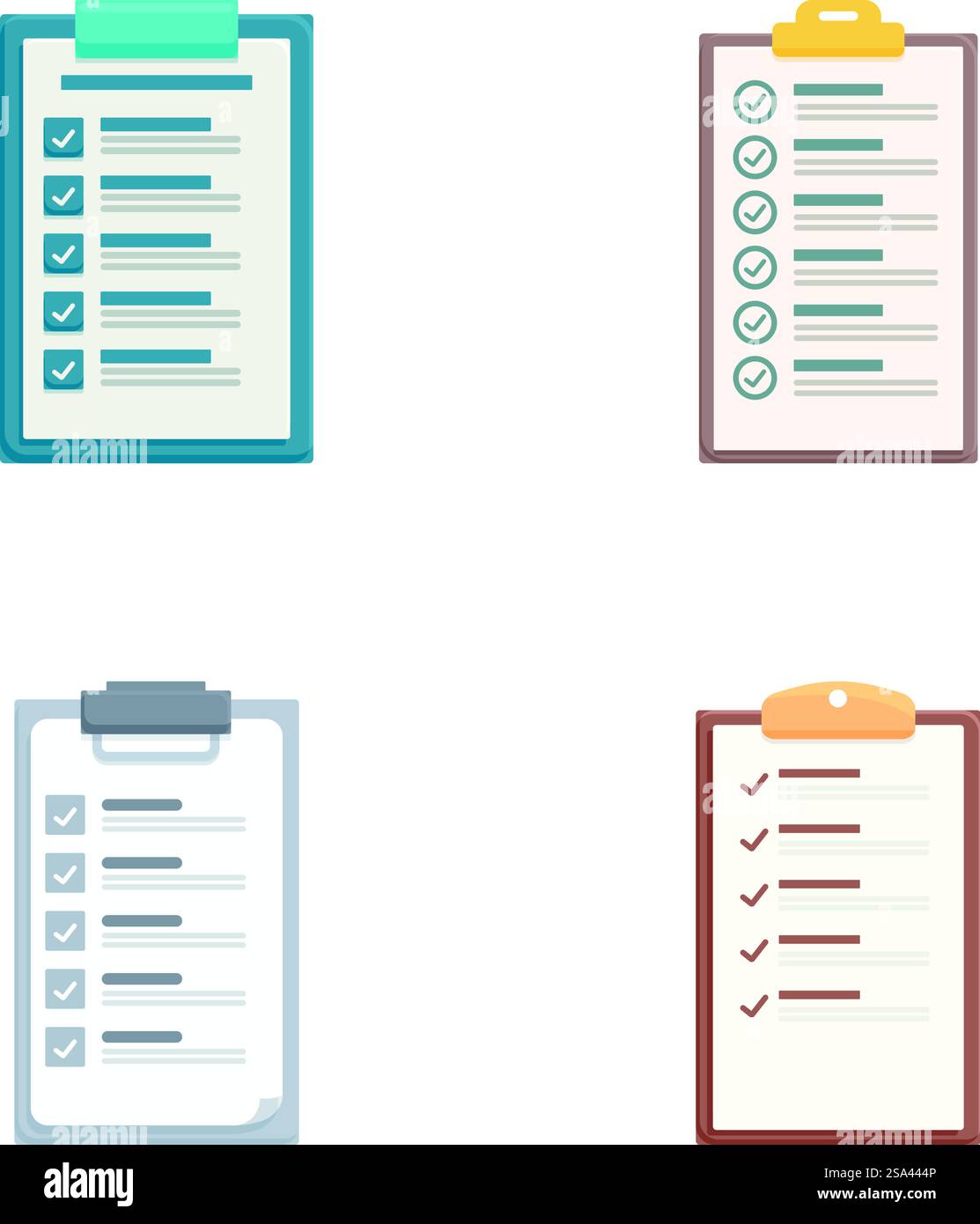 Four flat design icons depicting various checklist clipboards with ...