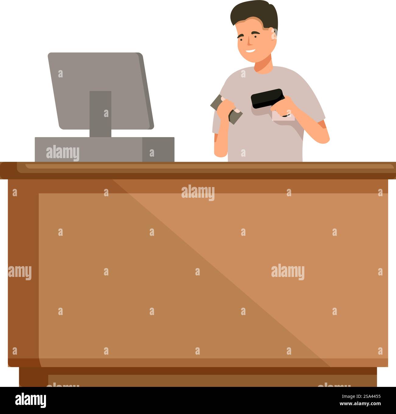 Illustration of a smiling male cashier operating a barcode scanner at a ...