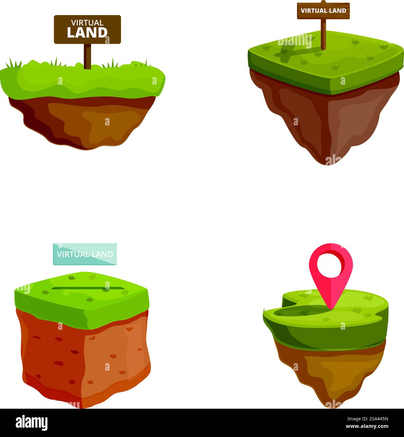 Collection of four virtual land icons featuring grass, soil and a location pin, isolated on ...
