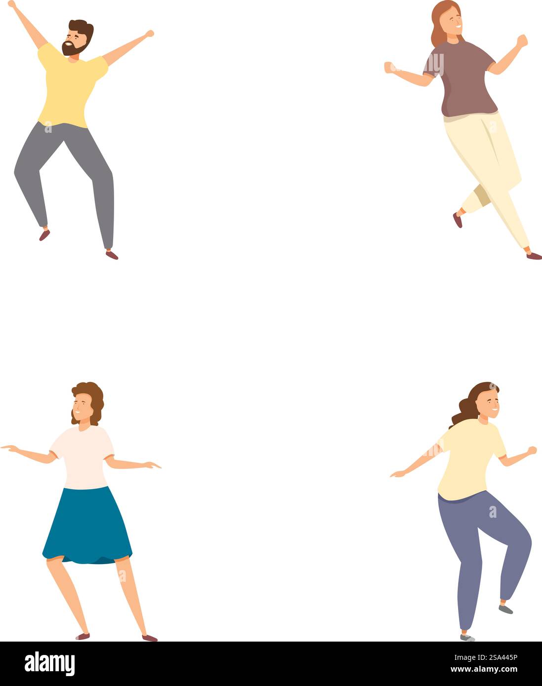 Cheerful collection of four diverse cartoon people dancing with ...