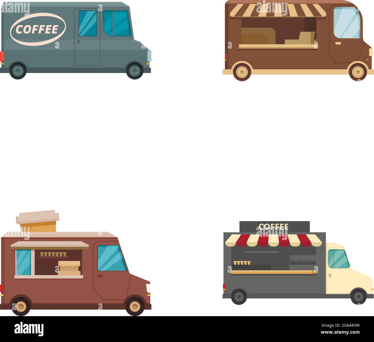 Collection of four unique and stylized coffee truck vectors perfect for ...