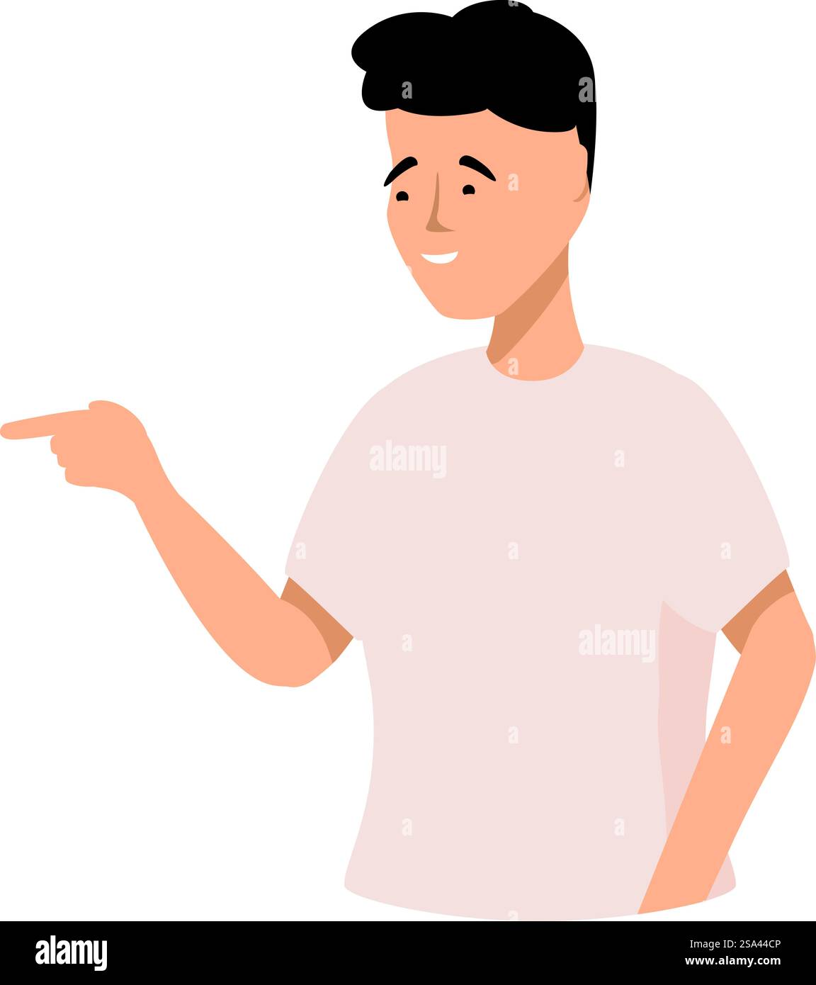 Young man pointing with his finger and smiling, showing something ...