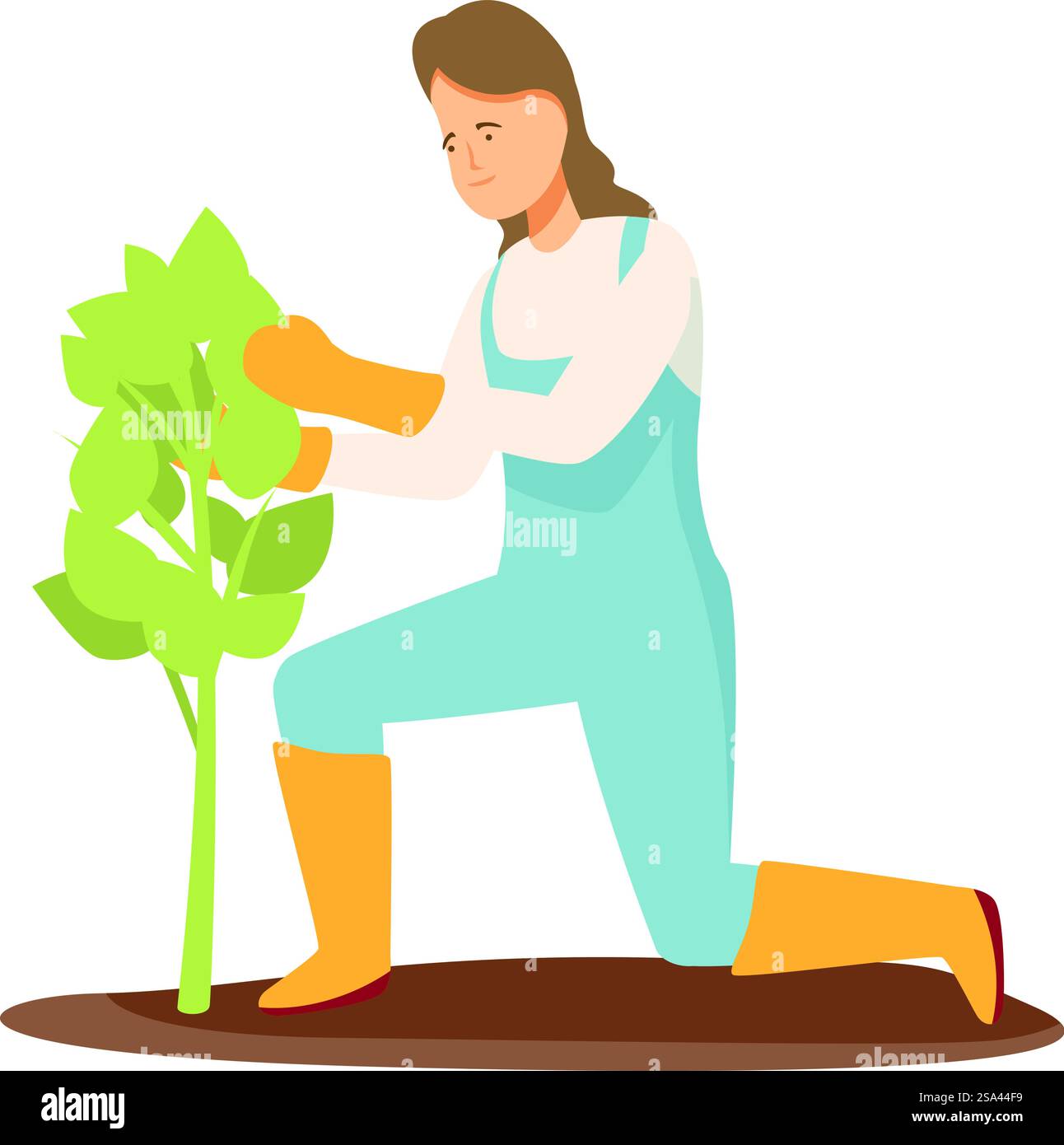 Female gardener taking care of small tree wearing gloves and rubber boots. Gardener is taking ...