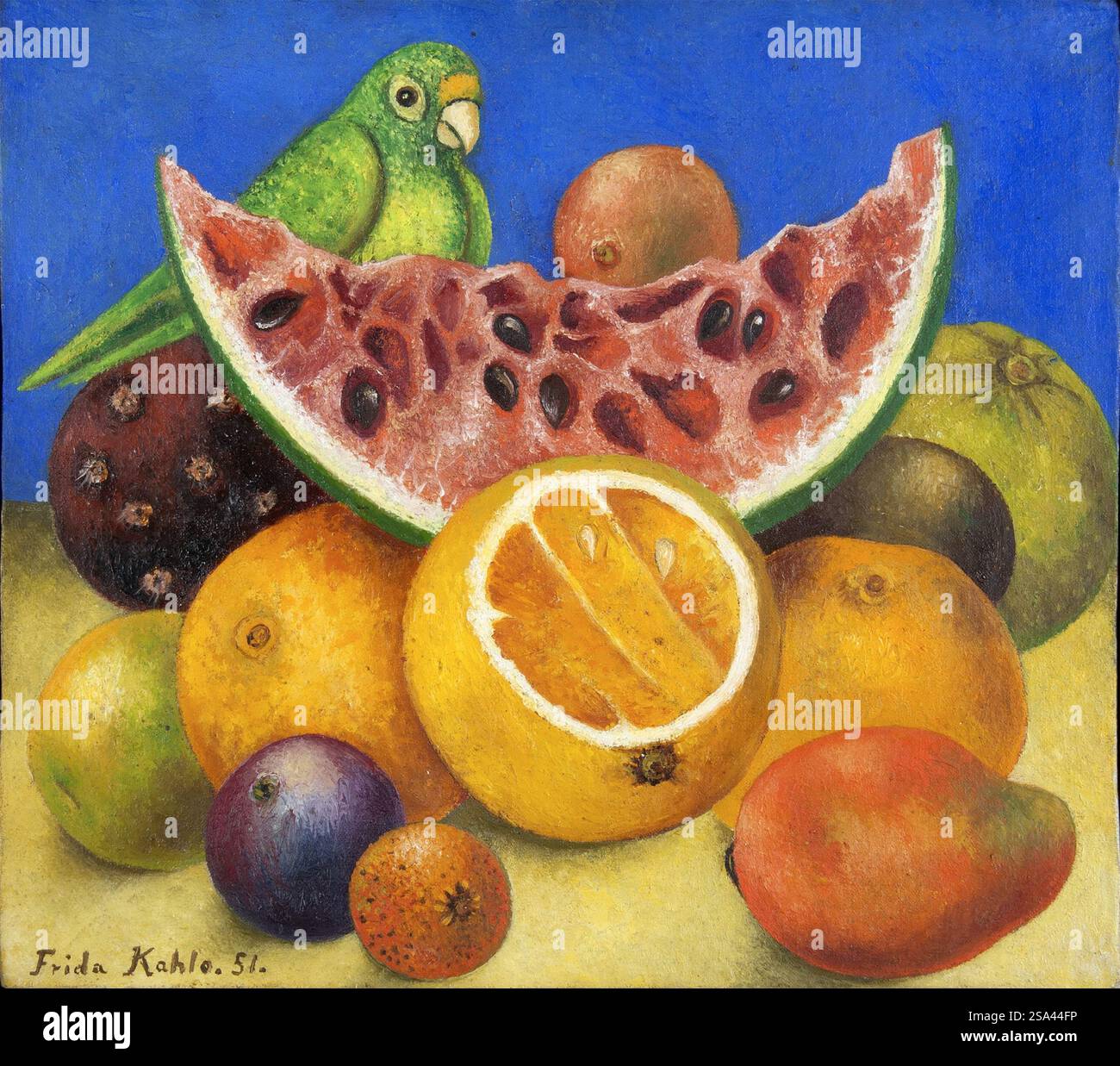 Frida Kahlo. Painting, Untitled (Still life with parrot and fruit)" by ...
