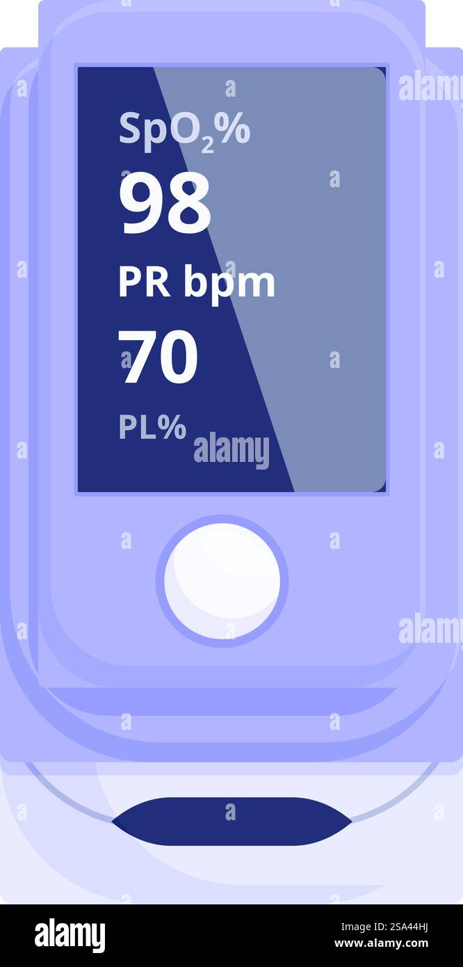 Closeup illustration of a medical pulse oximeter displaying spo2 and heart rate readings ...