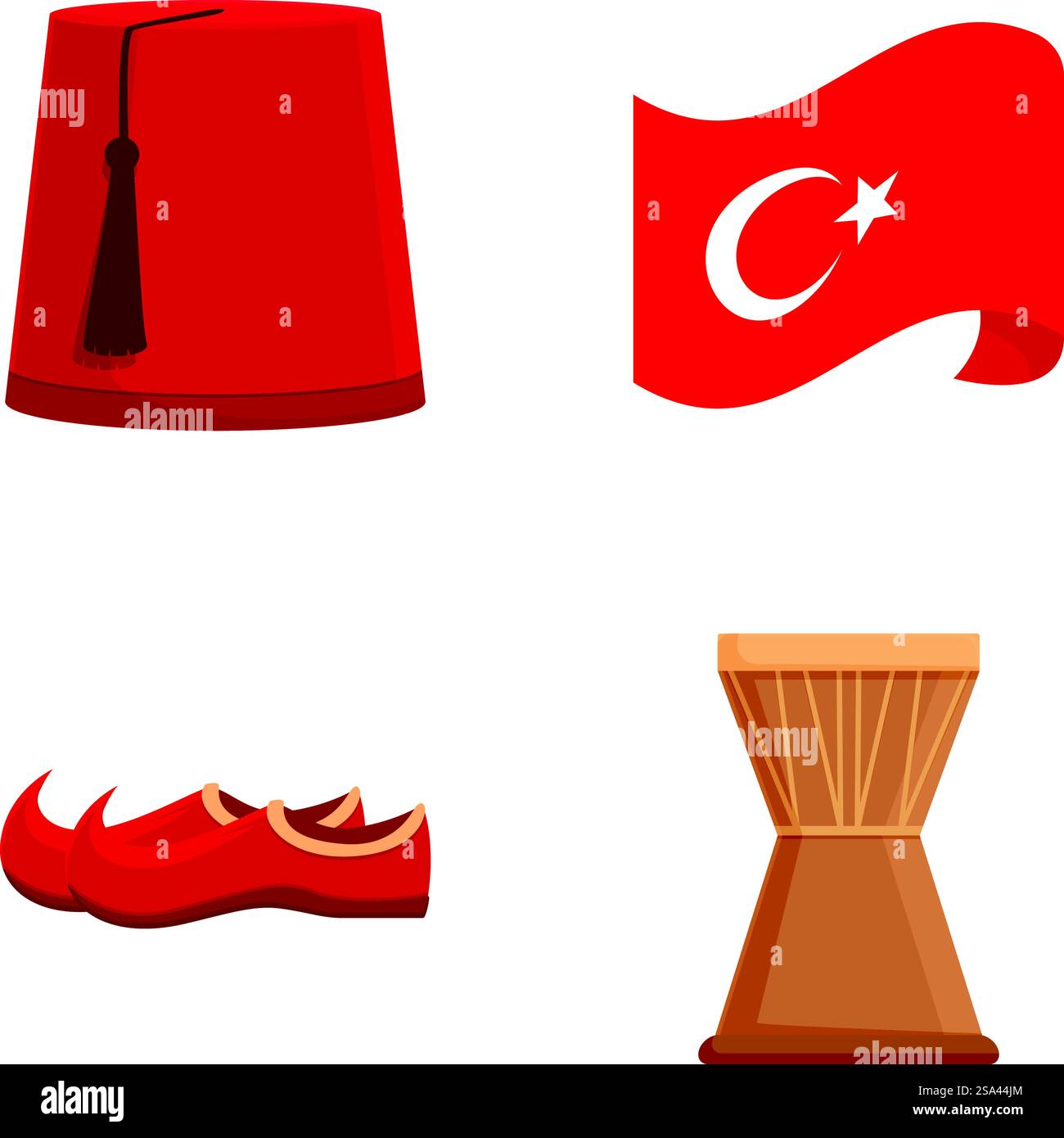Set of traditional turkish cultural icons including fez, flag, slippers ...