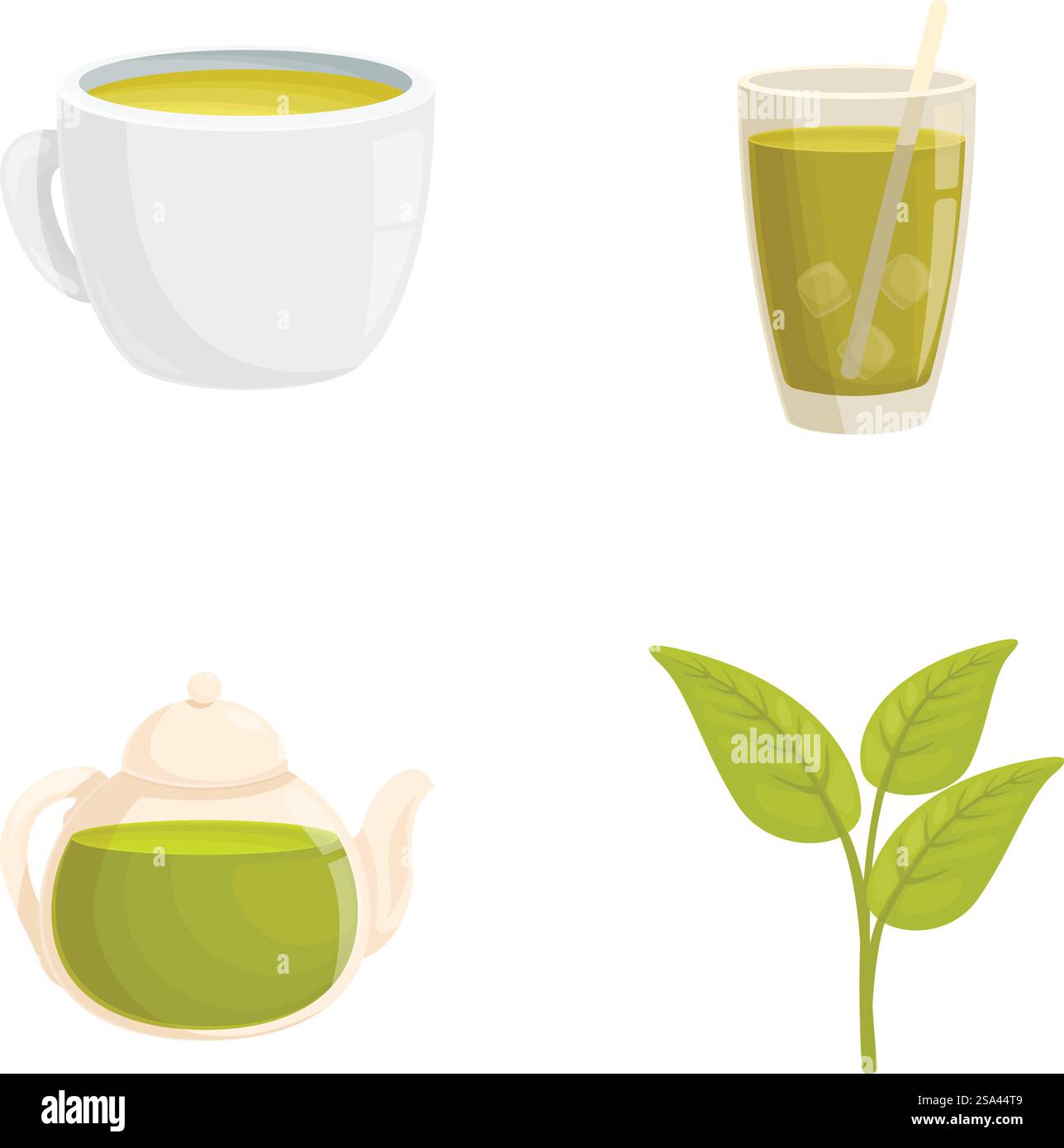 Vector illustrations of green tea in various forms cup, glass, pot, and ...