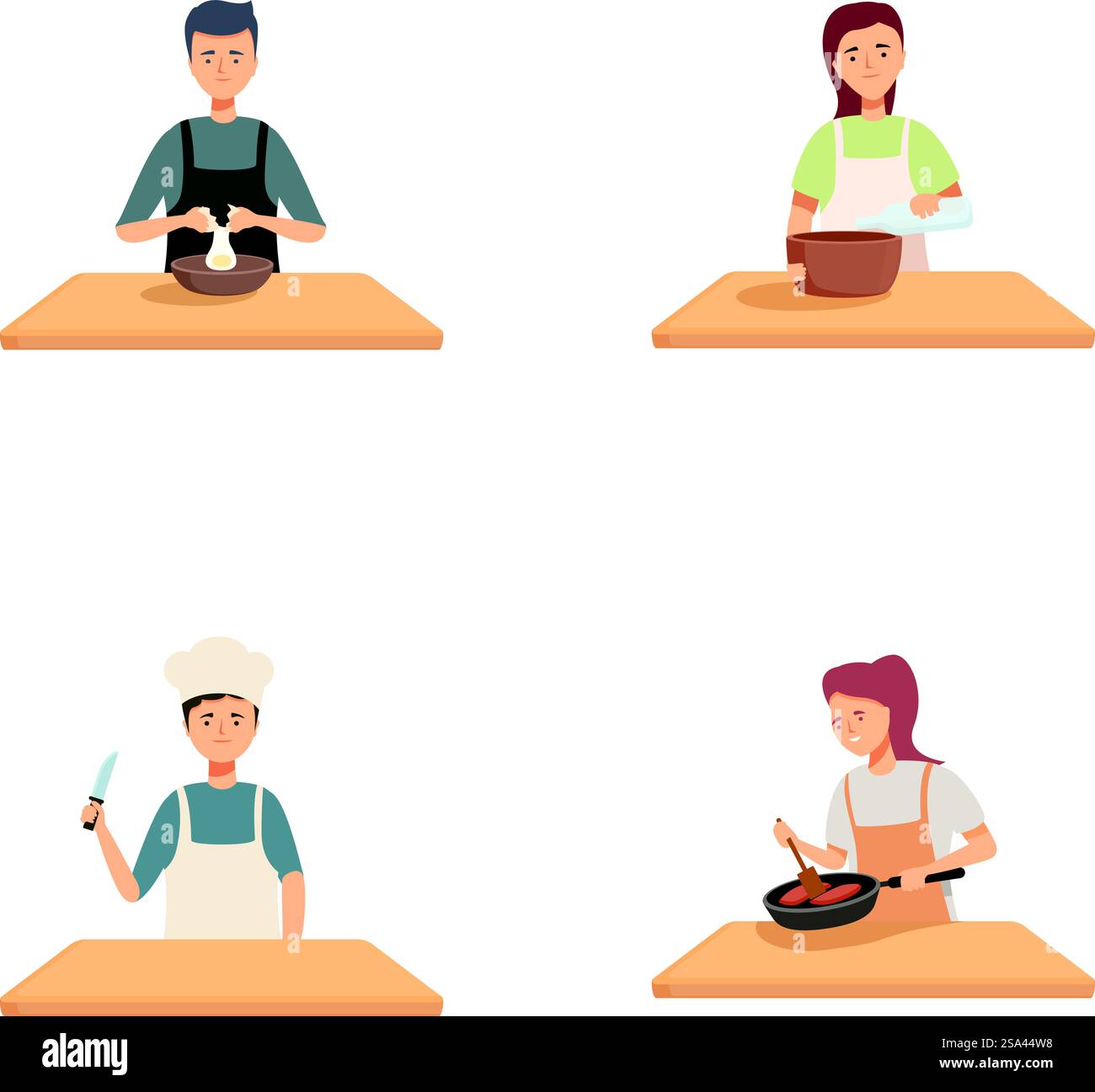 Four vector illustrations of cartoon chefs preparing food, showcasing ...