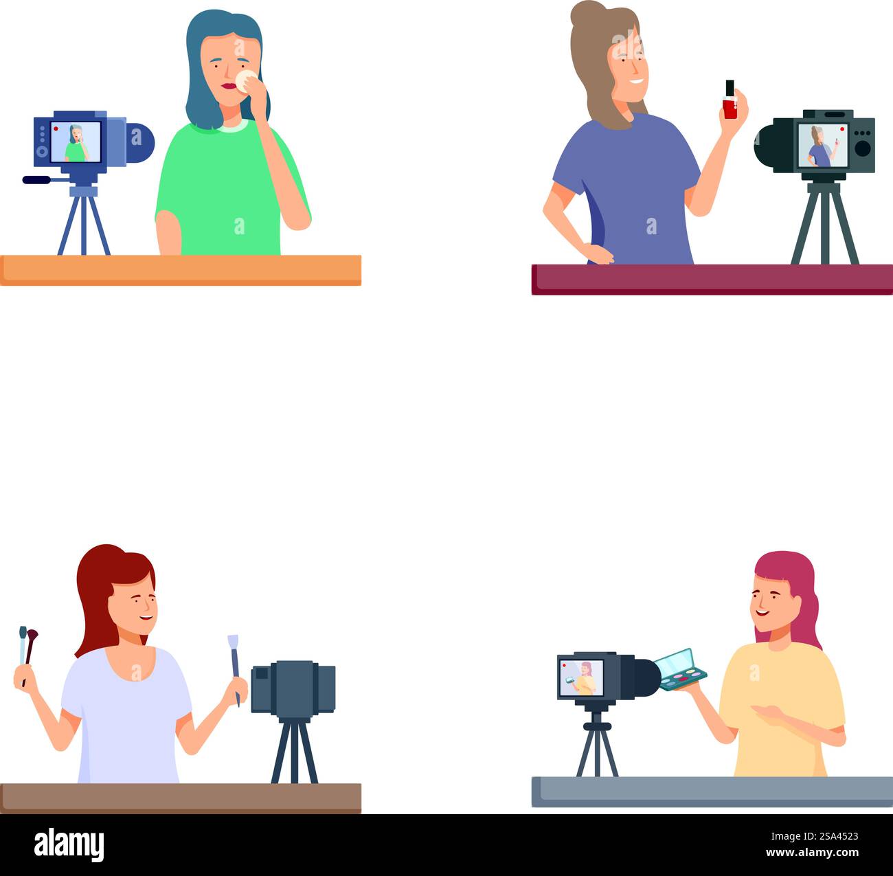 Four illustrations of people creating content with cameras, microphones ...