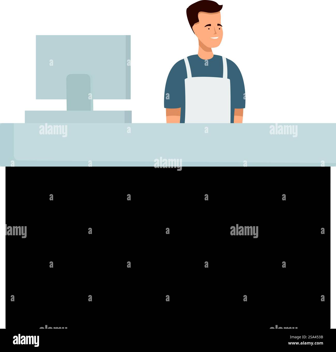 Illustration of a cheerful male cashier standing at a store checkout ...