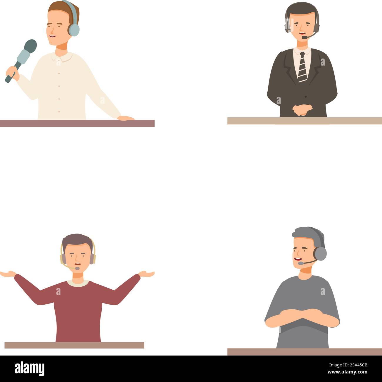 Illustration of four customer support agents with headsets and microphones on white background ...