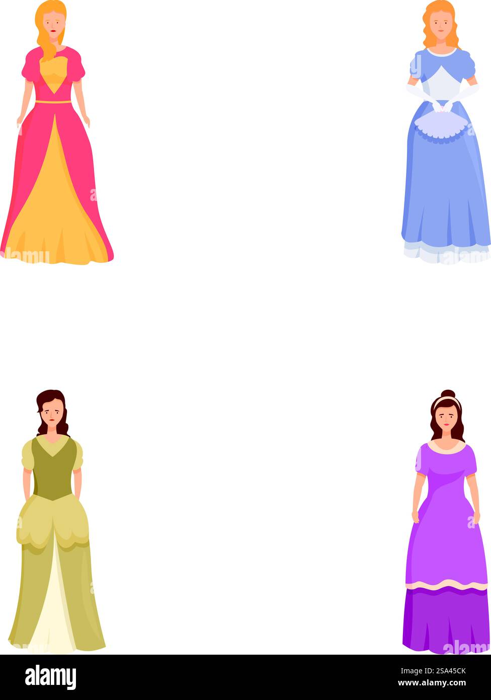 Collection of four cartoon princesses in elegant historical dresses ...