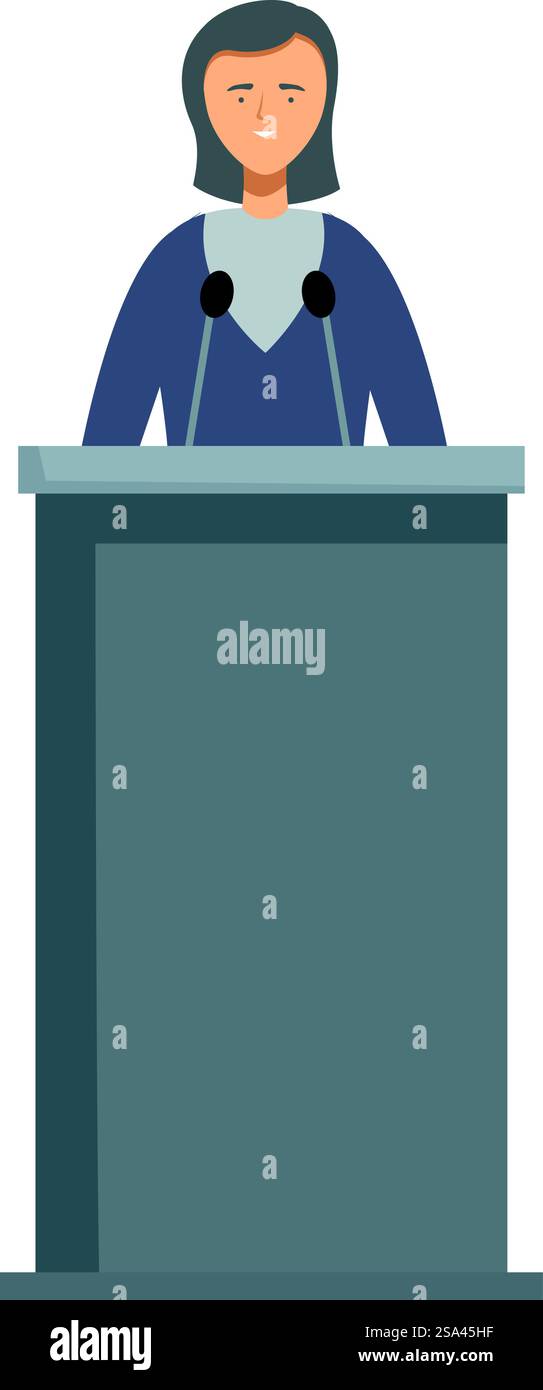 Female politician speaking to microphone on podium giving public speech ...