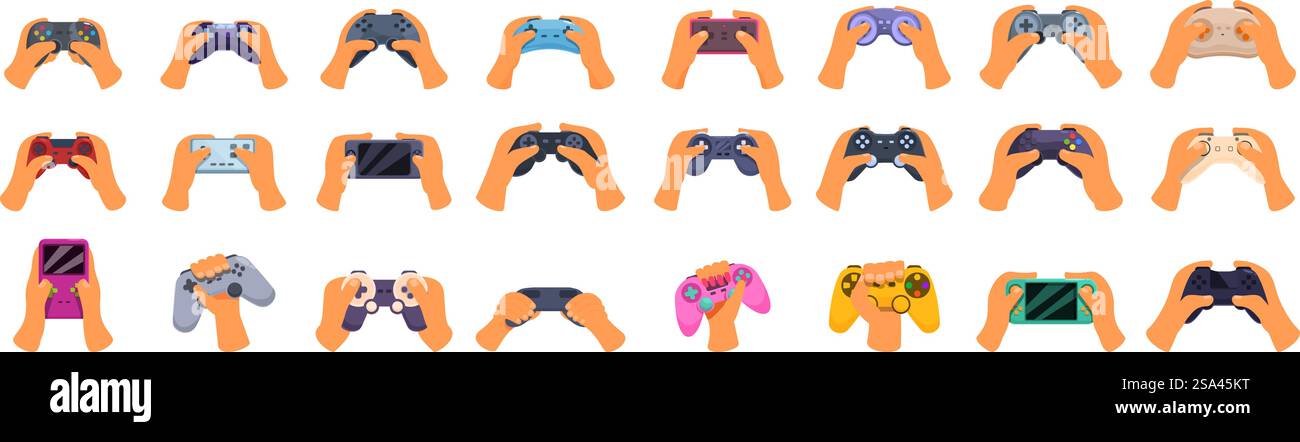Gamer hands console controller icons set vector. A hand holding a game ...