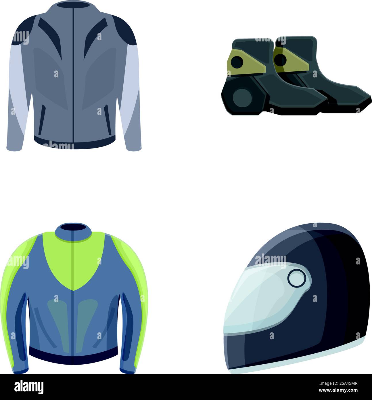 Motorcycle gear icons set cartoon vector. Moto riding suit and ...