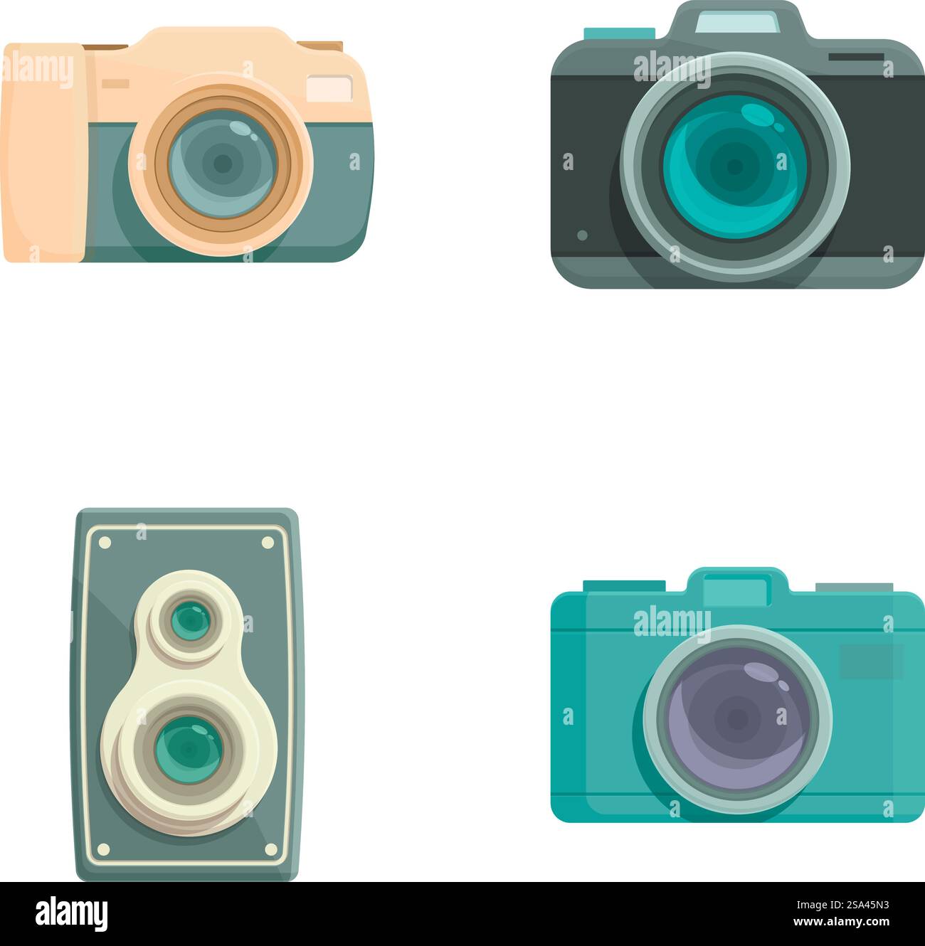 Collection of four digital cartoon illustrations featuring cameras and ...