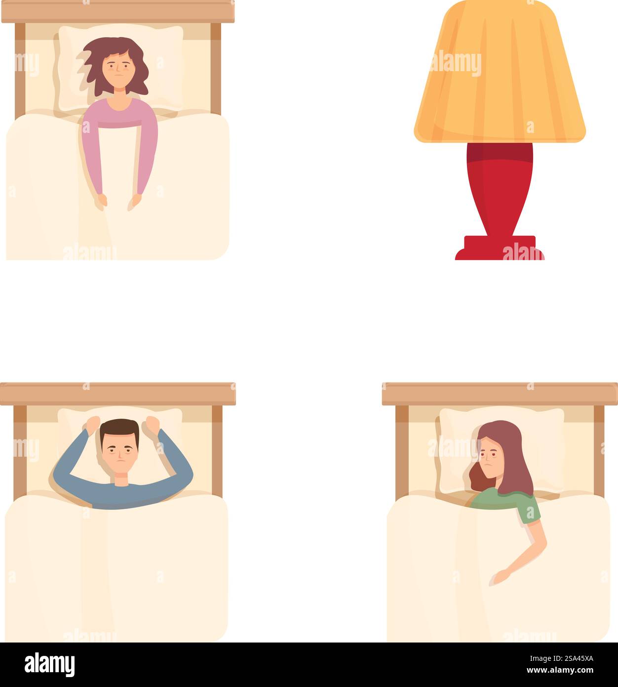 Sleeplessness icons set cartoon vector. Annoyed people suffering from ...