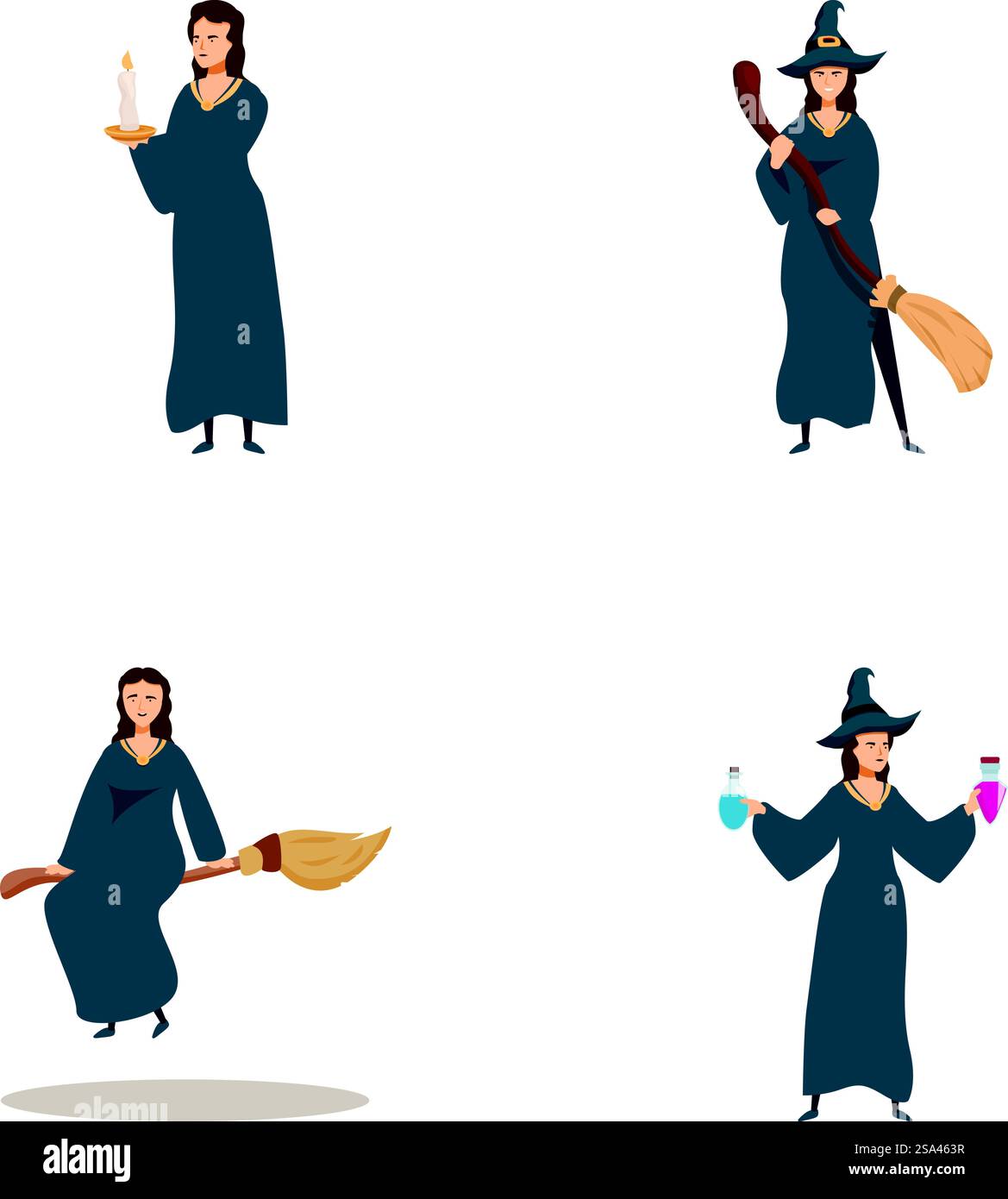 Collection of four cartoon witches with brooms, potions, and wands ...