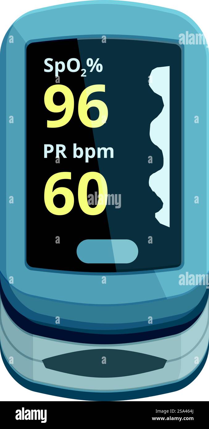 Vector image of a fingertip pulse oximeter displaying spo2 and heart rate readings. Digital ...