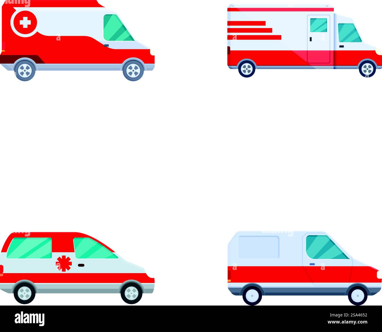 Collection of four vector illustrations depicting different styles of emergency medical service ...