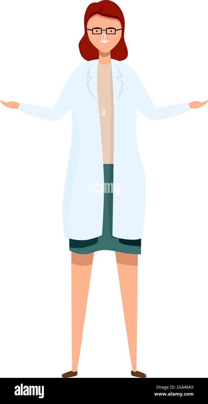 Female scientist wearing lab coat standing with open arms for ...