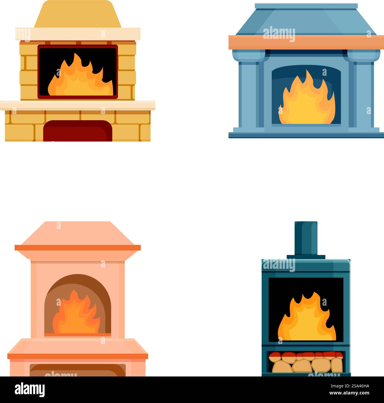 Fireplace icons set cartoon vector. House fireplace with firewood flame ...