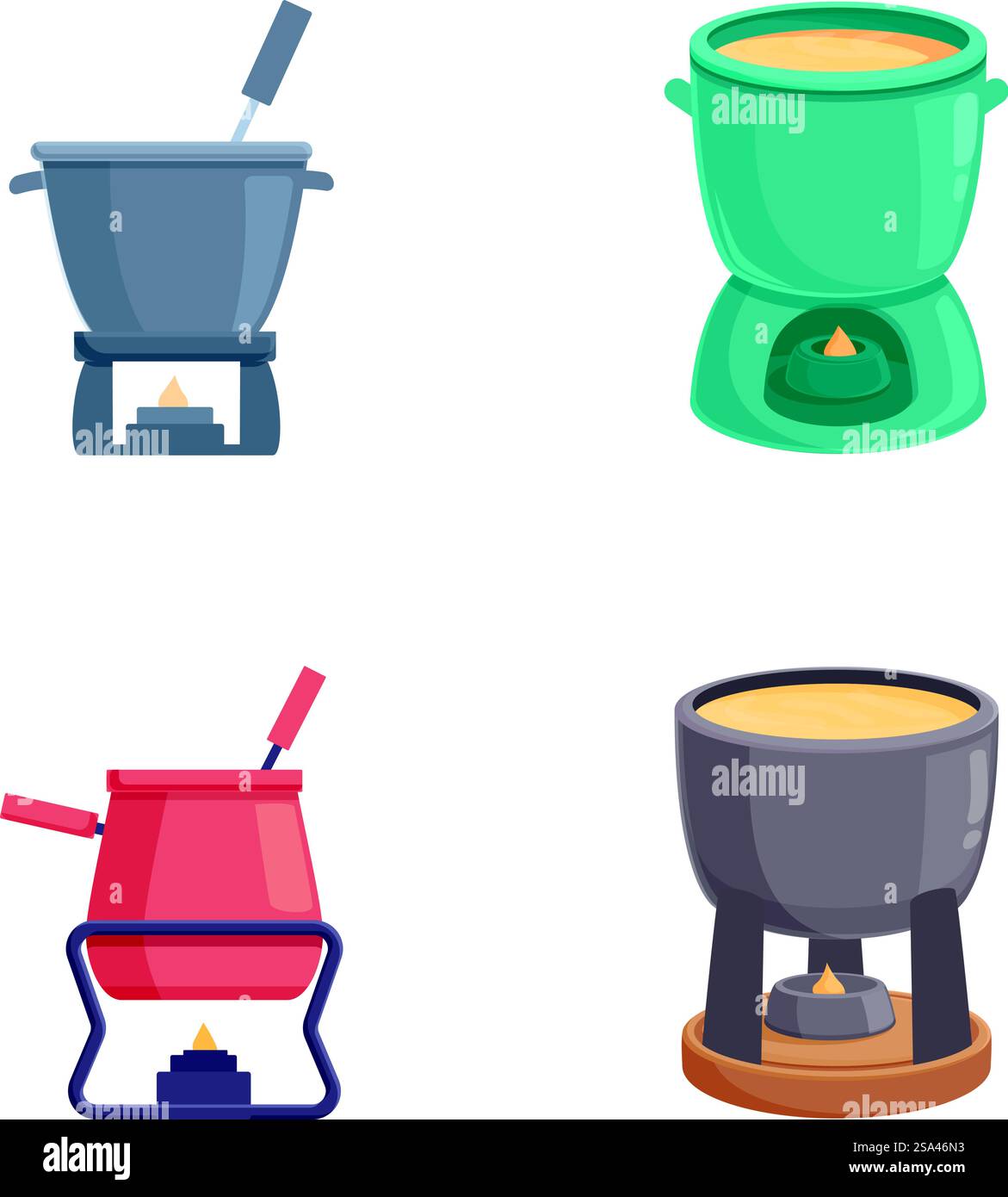 Collection of four colorful fondue pots, perfect for culinary designs ...
