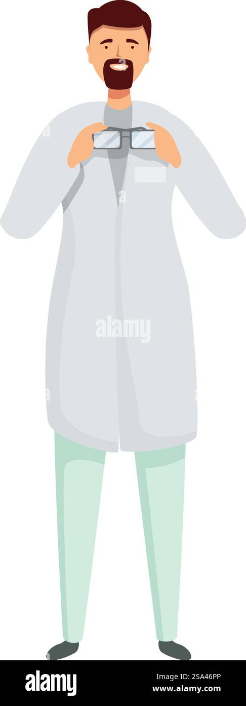 Vector illustration of a happy bearded male nurse in scrubs holding a ...