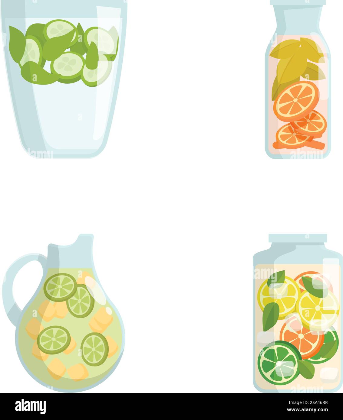 Collection of colorful vector illustrations featuring pitchers of fruitinfused water. Refreshing ...