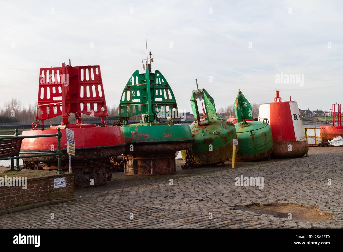 Red and green navigation buoys in the buoy maintenance area on Purfleet ...