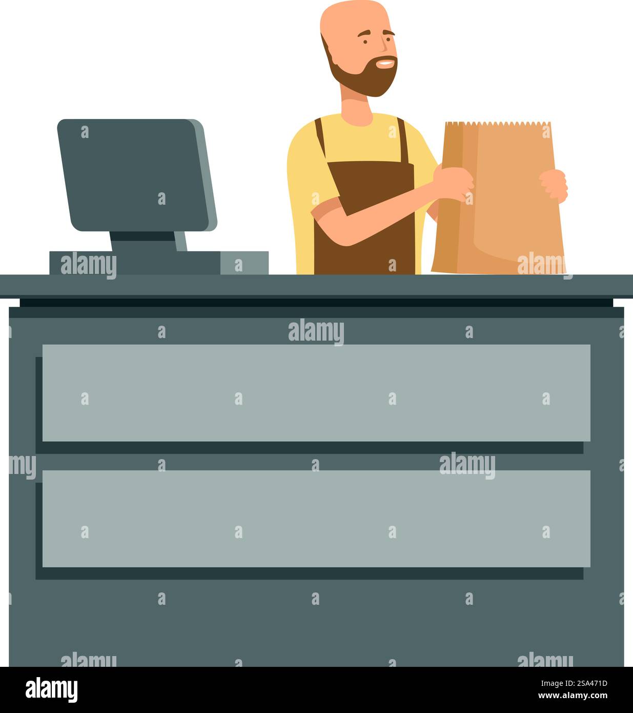 Illustration of a smiling male cashier standing at a checkout counter ...