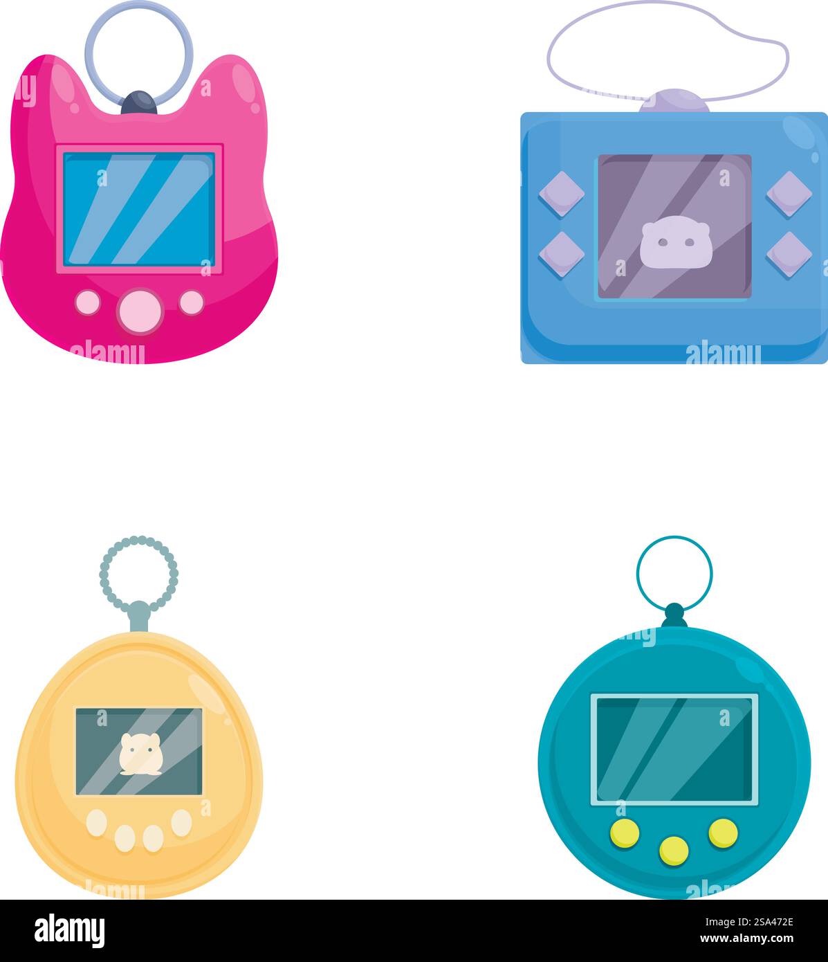 Collection of four illustrated digital pet devices in various colors ...